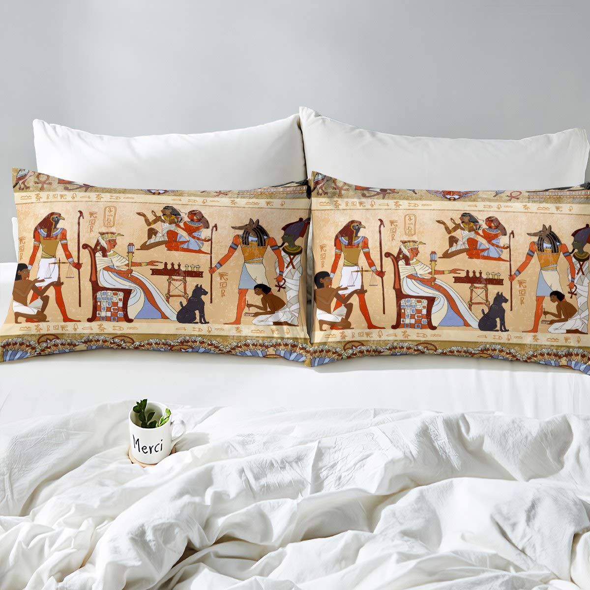 Ancient Egypt Bedding Set Queen Size Retro Egyptian Pattern Duvet Cover For Women Men Adults Egypt Culture Comforter Cover Tribal Eagle Dog Design Bedspread Cover Bedroom Decor Quilt Cover 3Pcs