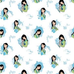 disney princess mulan bloom with beauty blue premium quality 100% cotton sold by the yard.