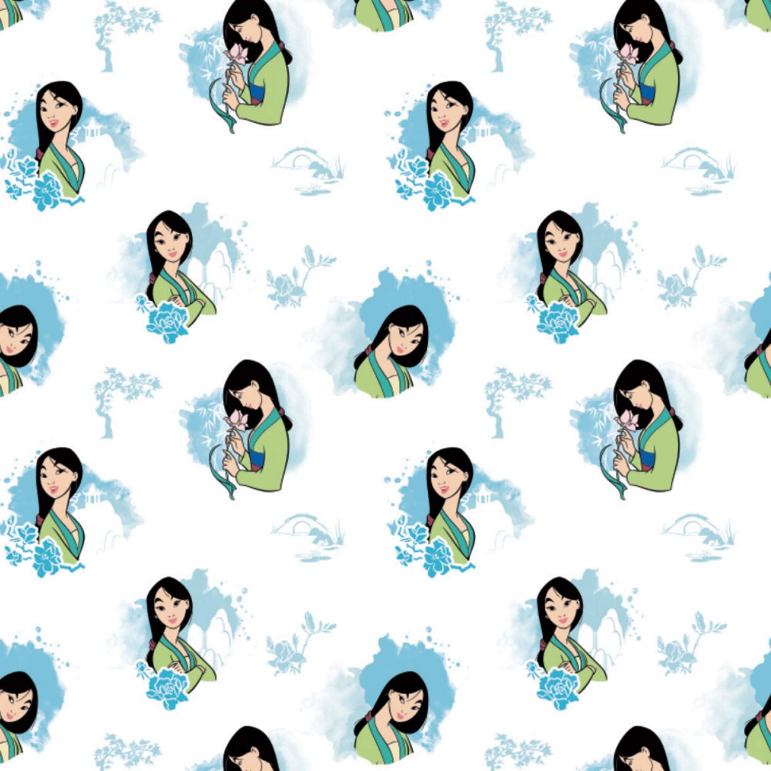 Disney Princess Mulan Bloom with Beauty Blue Premium Quality 100% Cotton Sold by The Yard.