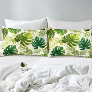 Erosebridal Botanical Leaves Comforter Cover Tropical Bedding Tree Duvet Cover Set Queen Size Green Palm Leaves Bedclothes Jungle Branches Leaf Duvet Cover+ 2 Pillow Shams for Kids Adult Room Decor