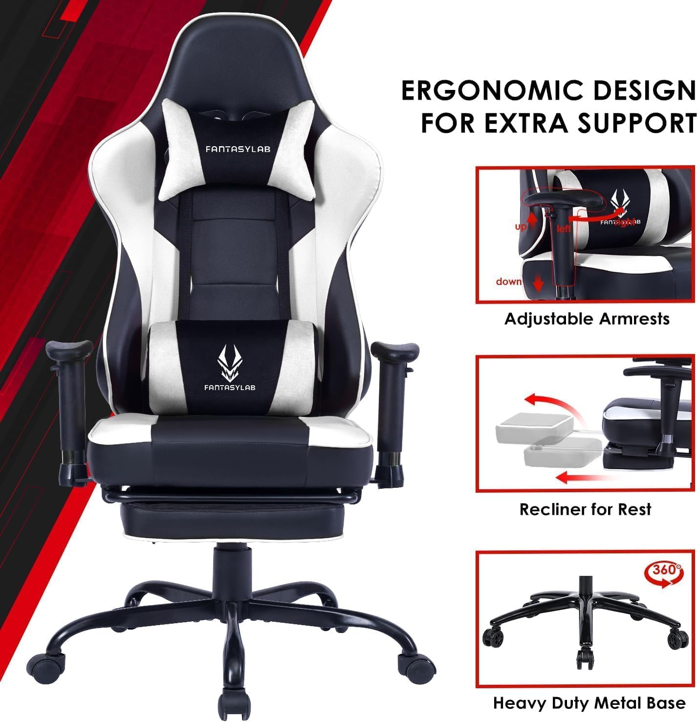 Fantasylab Gaming Chairs for Adults,Computer Chair with Massage Lumbar Support and Retractible Footrest, High Back Ergonomic Computer Chair,Adjustable Armrests and Backrest (Black)