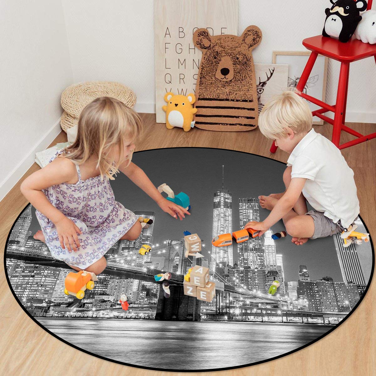 Round Area Rugs Children Crawling Mat Non-Slip Mat,New York Residential Carpet for Living Dining Room Kitchen Rugs Decor,Summer Night in Manhattan Brooklyn Bridge Park River Waterfront,3.3Ft(39In