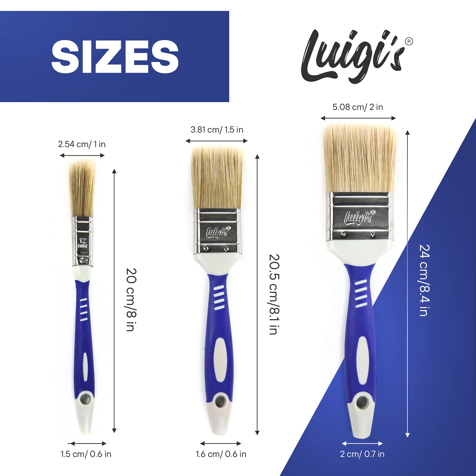 Luigi's Paint Brushes for Walls | 5X Synthetic Bristle Paint Brushes for Painting Walls, Furniture, and More | Large House Paint Brush Set for Walls | Gloss, Stain, and Paintbrush Pack