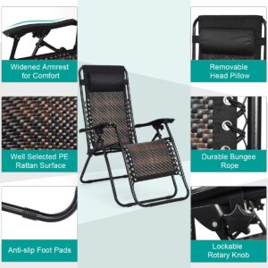 Tangkula Patio Rattan Zero Gravity Lounge Chair, Outdoor Folding Lounge Chair w/Removable Head Pillow, Adjustable Lounge with Widened Armrest & Locking System for Balcony Yard Poolside (1, Brown)