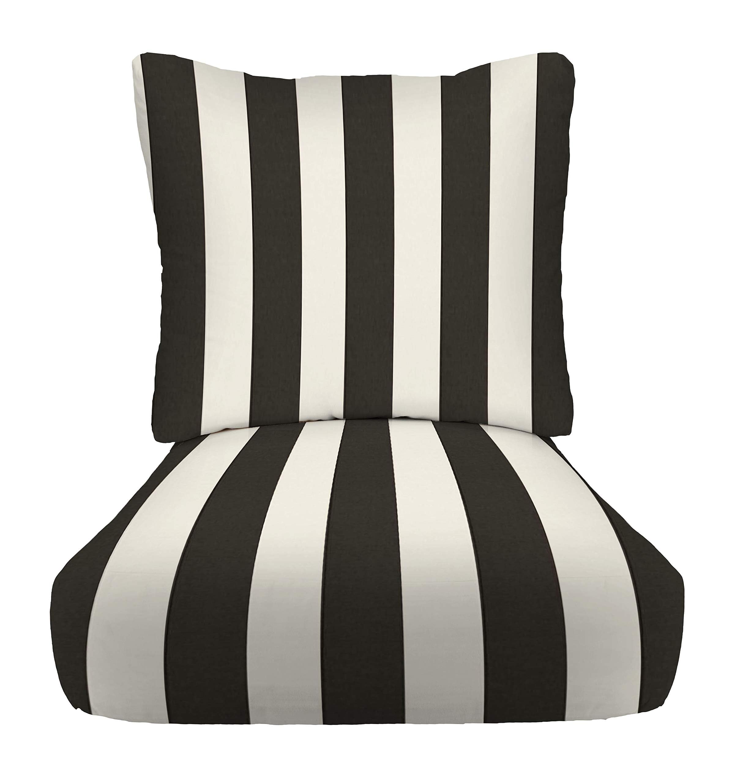 RSH DECOR: Deep Seating Cushion with Pillow Back | 24” x 27” Seat | All-Weather Spun Fabric | Water and Fade-Resistant | Outdoor Chair Cushion Set for Patio Furniture | Black & White Stripe