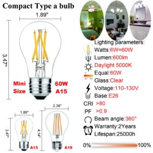 LiteHistory E26 Edison Bulb 6W=60 watt Light Bulb Dimmable Daylight 5000K Edison Light Bulb 60 Watt AC120V A15 led Bulb for Ceiling Fan,Vanity,Refrigerator,Wall scones 600lm E26 Light Bulb 6Pack