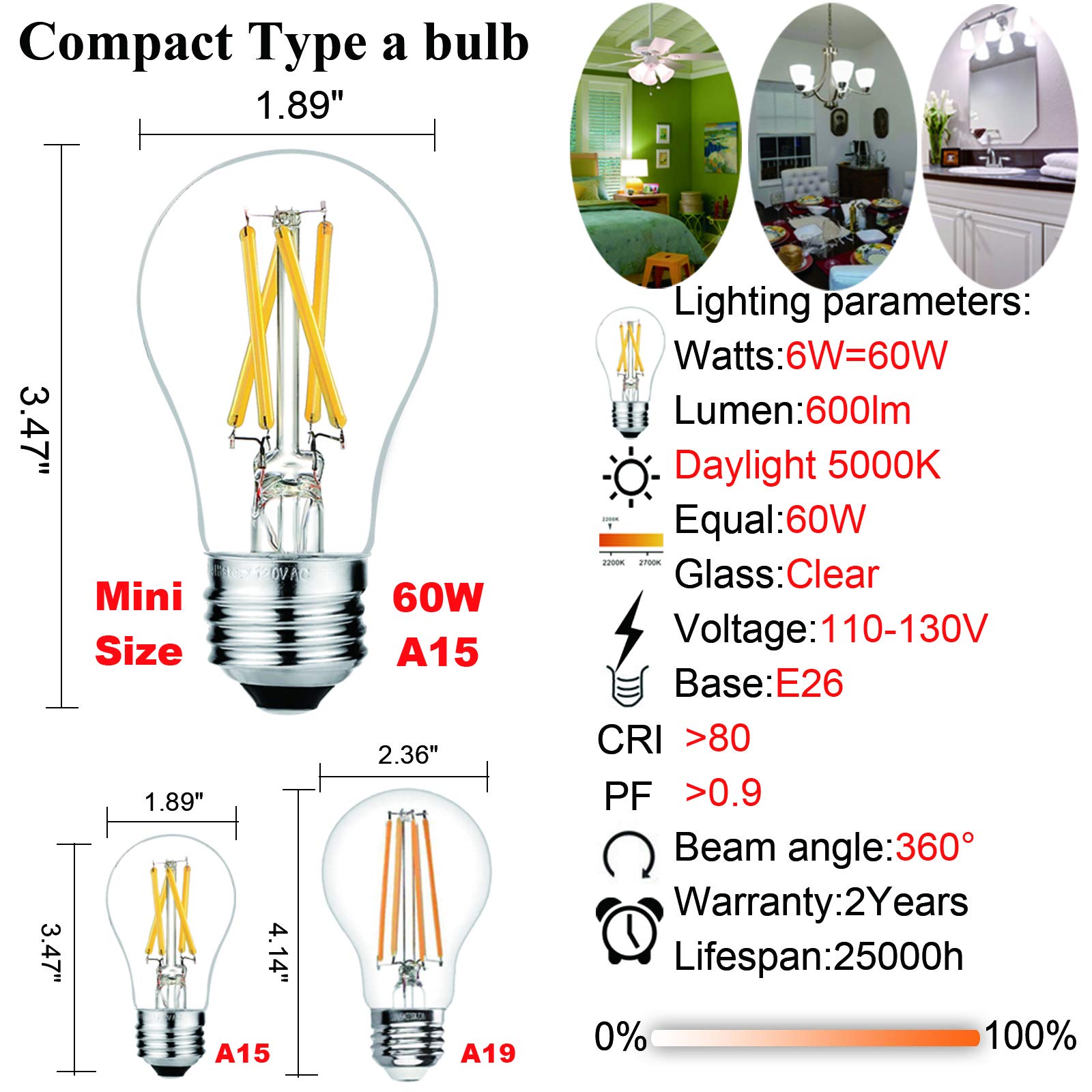 LiteHistory E26 Edison Bulb 6W=60 watt Light Bulb Dimmable Daylight 5000K Edison Light Bulb 60 Watt AC120V A15 led Bulb for Ceiling Fan,Vanity,Refrigerator,Wall scones 600lm E26 Light Bulb 6Pack