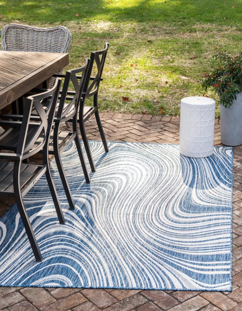 Unique Loom Outdoor Modern Collection Area Rug - Pool (6' 1" x 9' Rectangle, Blue/ Ivory)