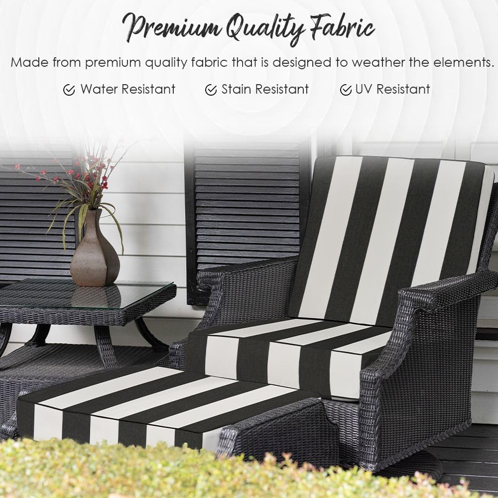 RSH DECOR: Deep Seating Cushion with Pillow Back | 24” x 27” Seat | All-Weather Spun Fabric | Water and Fade-Resistant | Outdoor Chair Cushion Set for Patio Furniture | Black & White Stripe