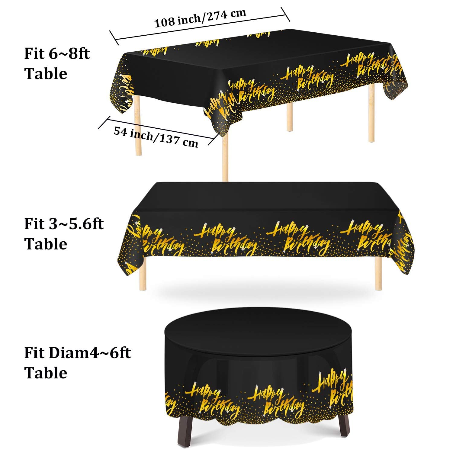 Aneco 3 Pack Black Gold Happy Birthday Tablecloth Table Cloth Cover Black Gold Party Durable Tablecloth Table Covers 54 x 108 Inches for Parties Birthdays Weddings