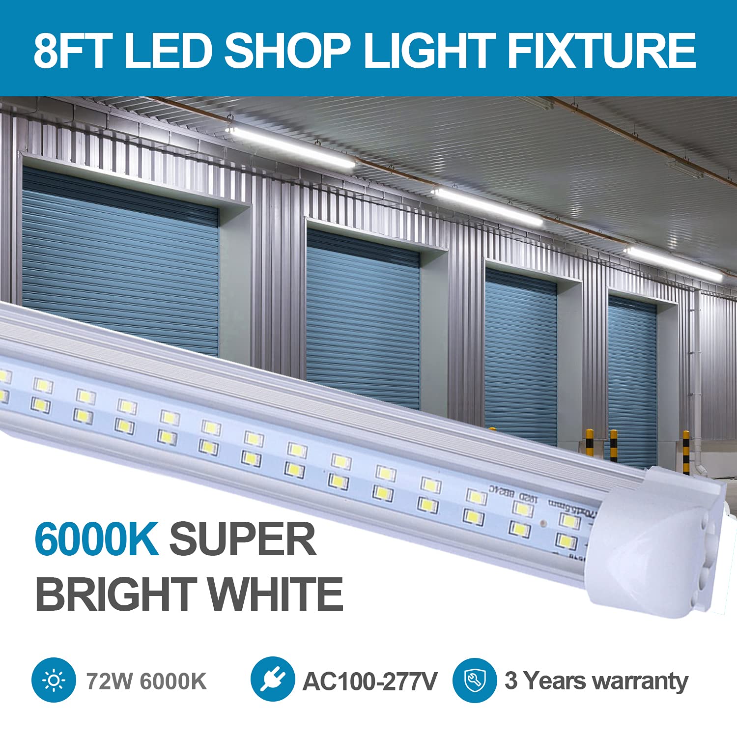 8FT LED Shop Light Fixture, T8 Integrated Tube Light Fixture, 72W, 8640LM, 6000K, High Output, Brighter White, 8 foot Linkable LED Tube Light for Garage, Warehouse (4-Pack)