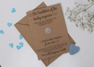 bride's sixpence coin and card kraft | sixpence tradition | something old, something new, something borrowed, something blue, and a sixpence for her shoe