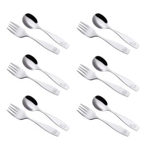 ANNOVA Children's Flatware 12 Pieces Set - Stainless Steel Silverware 6 x Safe Forks, 6 x Dinner Spoons - Kids Toddler Utensils Lunch Box (Engraved Dinosaurs T-Rex, Triceratops)