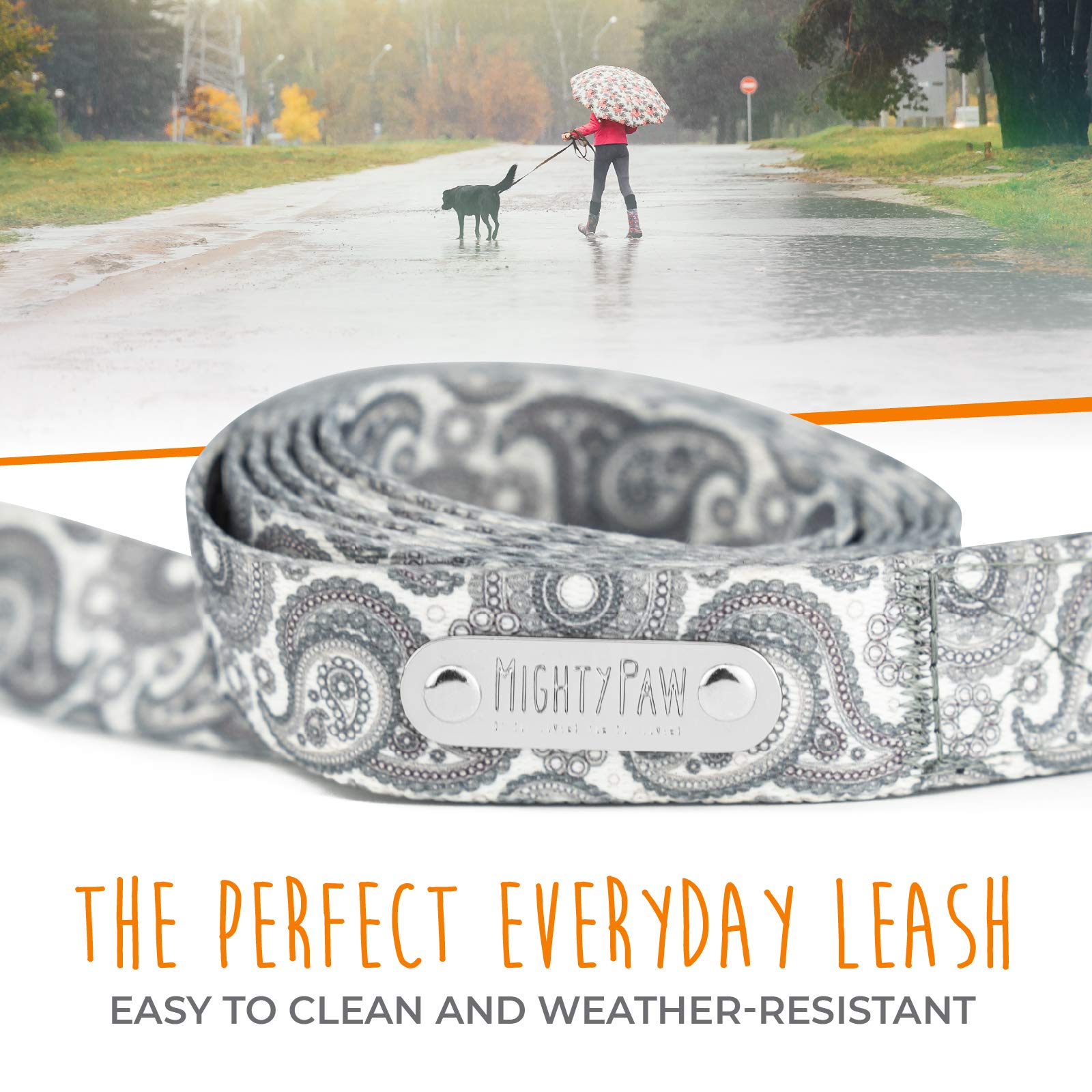 Mighty Paw Grey Paisley Designer Dog Leash - Soft Premium Polyester With Neoprene Padded Handle For Ultimate Comfort - All Metal Hardware For Most Playful Dogs - Built To Last - Perfect Everyday Leash