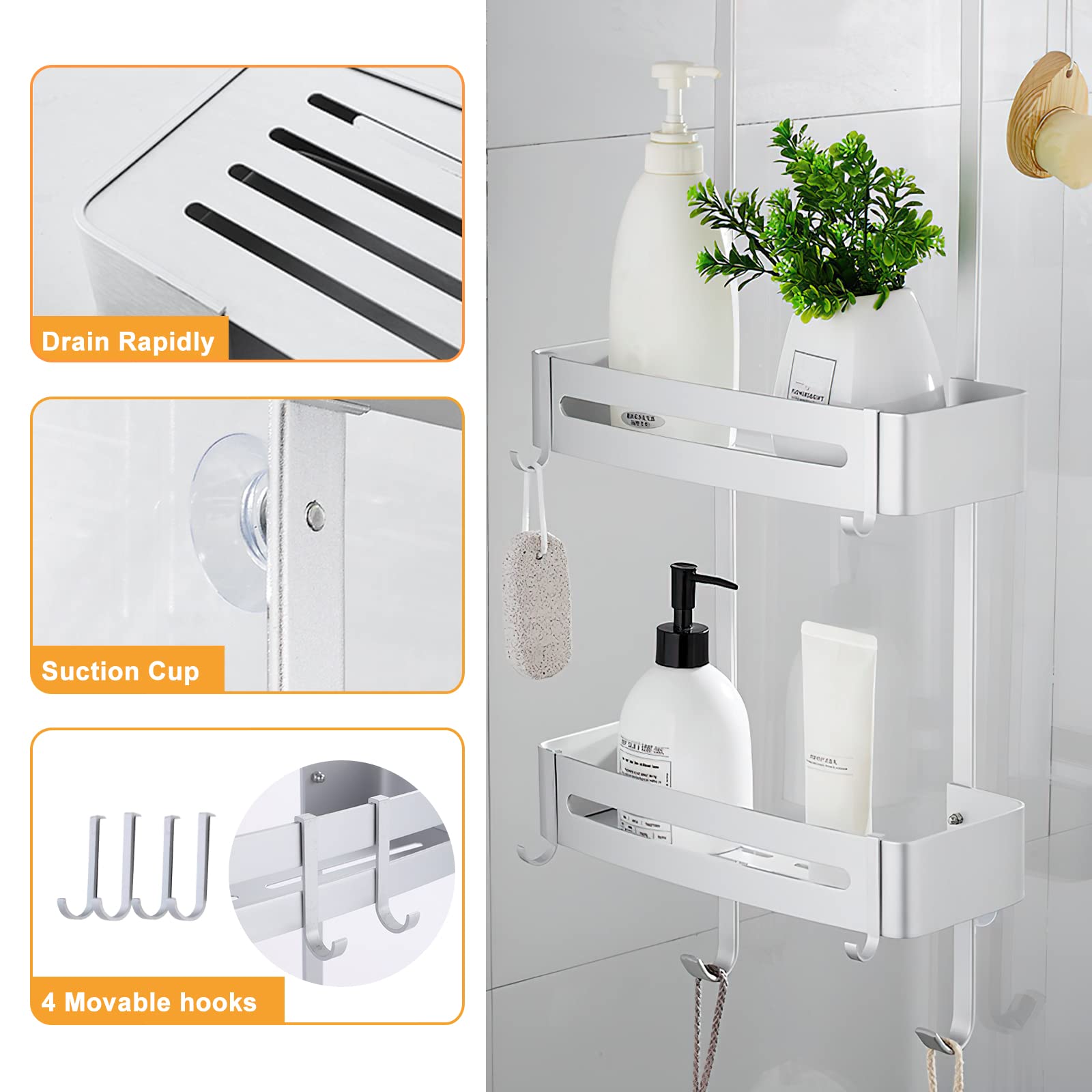 UIFER Shower Caddy Over The Door, Rustproof Aluminum Shower Caddy, Shower Door Storage Organizer with a Suction Cup, Hooks and Basket