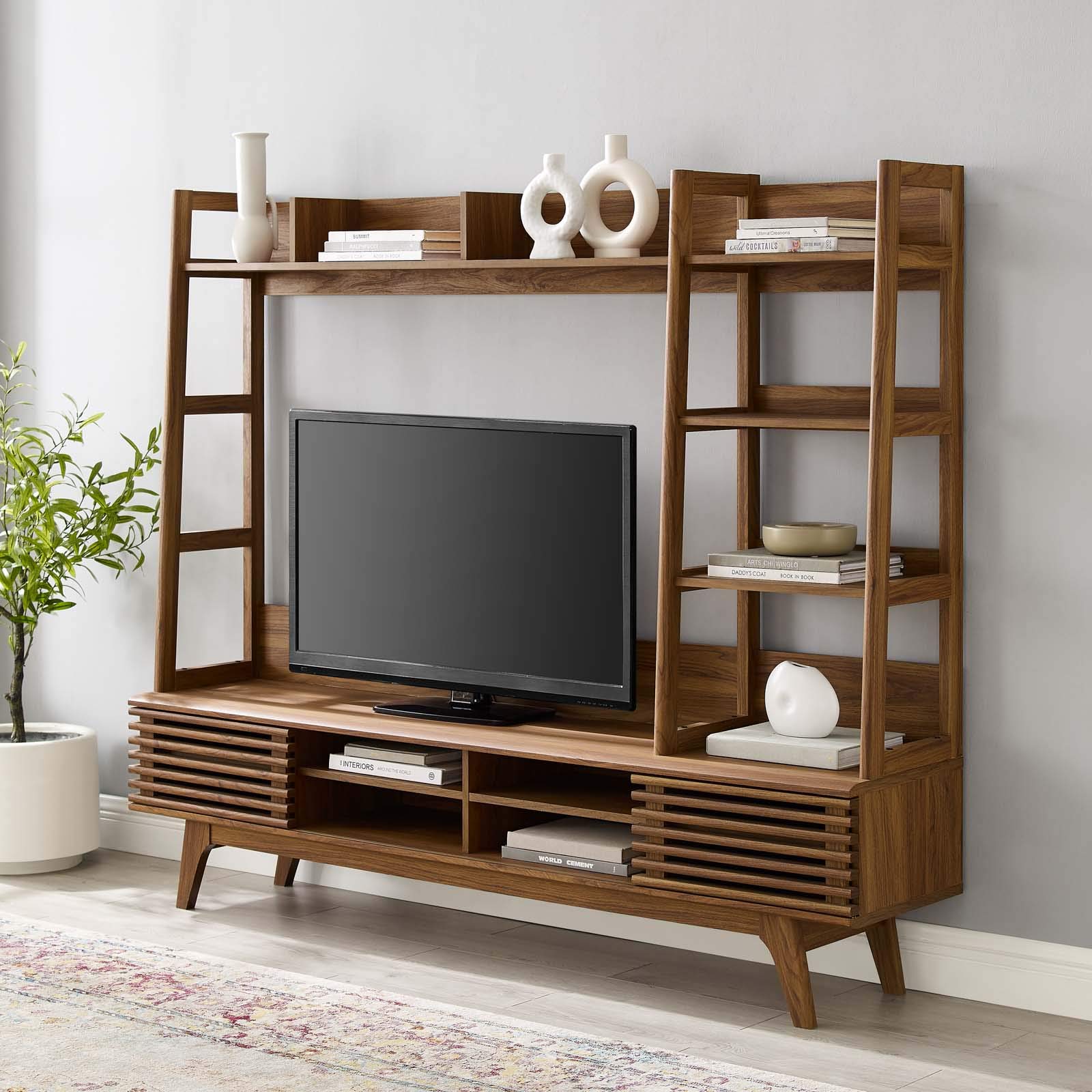 Modway Render Mid-Century Modern TV Stand Entertainment Center, 70", Walnut