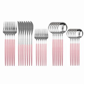 uniturcky silverware set – 30 piece family dinnerware set – flatware set service for 6 – pink silver tableware sets – cutlery great for family gatherings & daily use – spoons, knives, forks