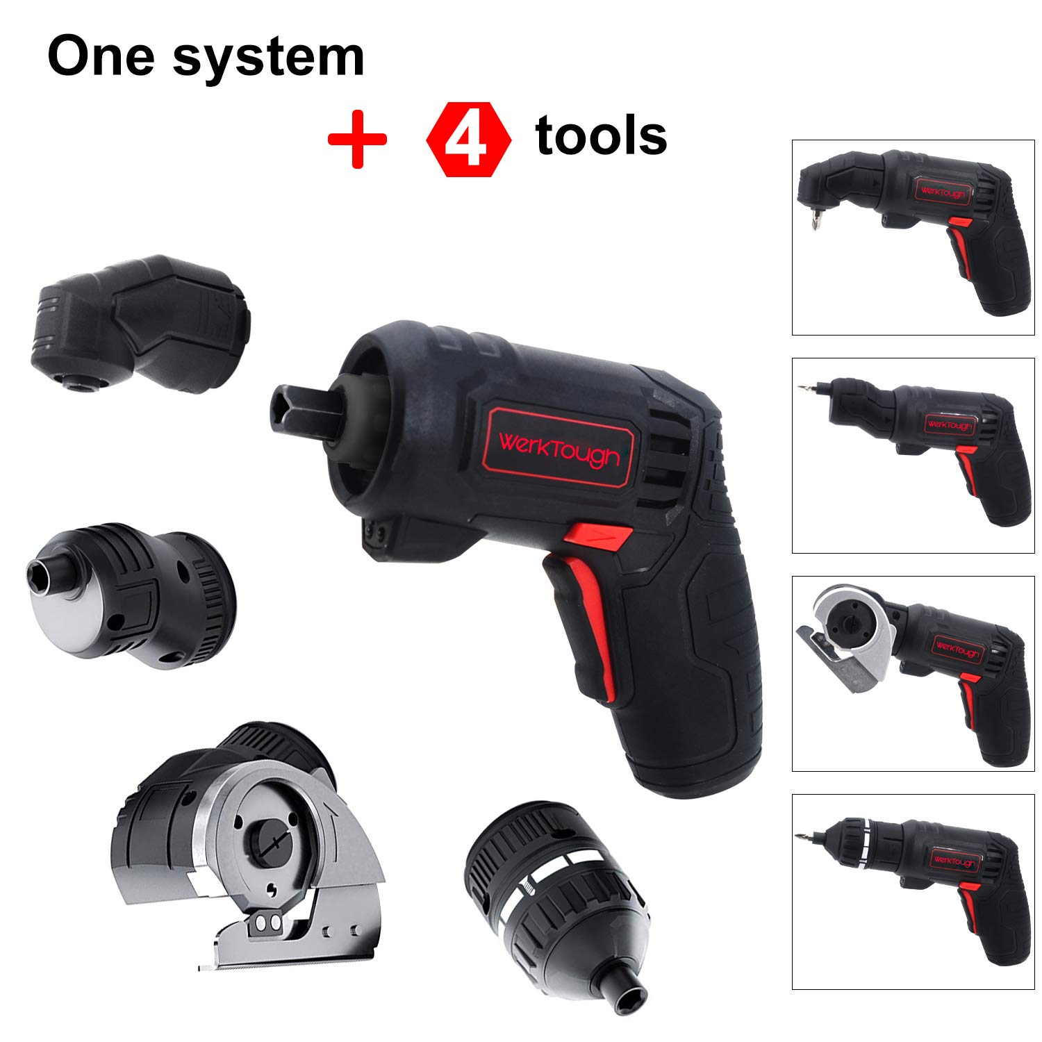 Werktough 4V Cordless Screwdriver Rechargeable 1500mAh Electric Screwdriver Set with 4 Changeable Heads for Cutting 90°Conversion Eccentric and Torque Adjustable Quick USB Charger