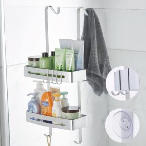 uifer shower caddy over the door, rustproof aluminum shower caddy, shower door storage organizer with a suction cup, hooks and basket