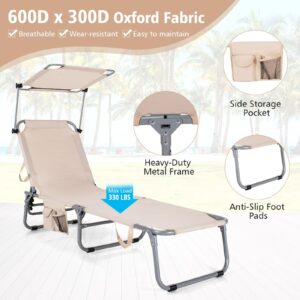 Goplus Tanning Chair, Foldable Beach Lounge Chair with 360°Canopy Sun Shade, Side Pocket, 5-Position Adjustable Outdoor Chaise Lounge Chair for Patio Pool Yard Lawn (1, Beige)