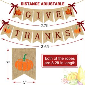 Give Thanks Burlap Banners Thanksgiving Decorations | Rustic Thanksgiving Turkey Pumpkin Burlap Garland | Thanksgiving Day Party Supplies - 2 Strings, NO DIY Fireplace Mantle Home Decoration