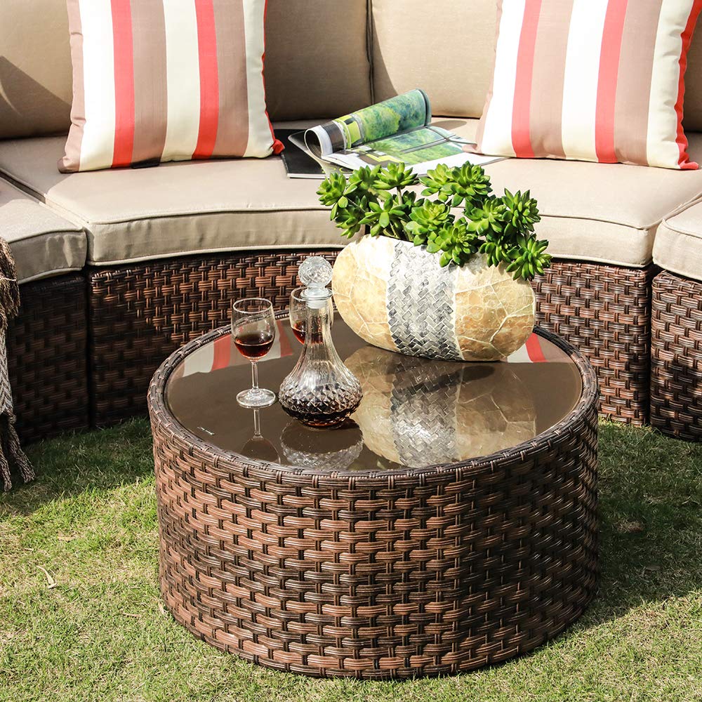 SUNSITT 7 Pieces Patio Furniture Set Outdoor Half-Moon Sectional Set with Waterproof Sofa Cover, Brown PE Wicker & Beige Cushion