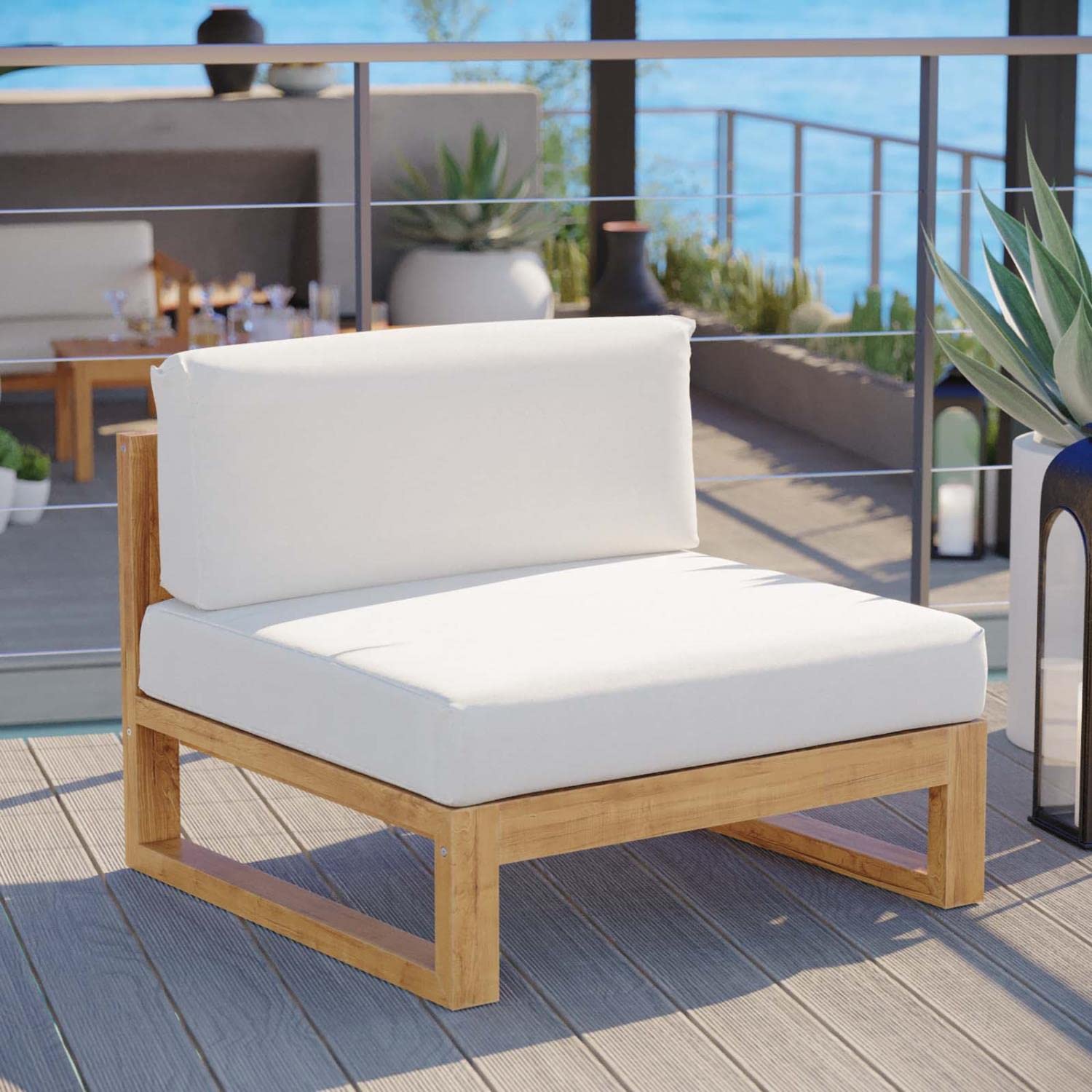 Modway EEI-4125-NAT-WHI Upland Patio Teak Wood Corner, Armless Chair, Natural White