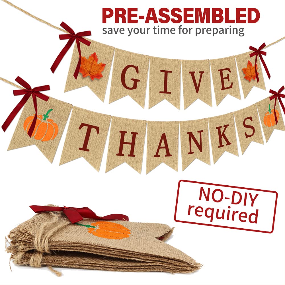 Give Thanks Burlap Banners Thanksgiving Decorations | Rustic Thanksgiving Turkey Pumpkin Burlap Garland | Thanksgiving Day Party Supplies - 2 Strings, NO DIY Fireplace Mantle Home Decoration