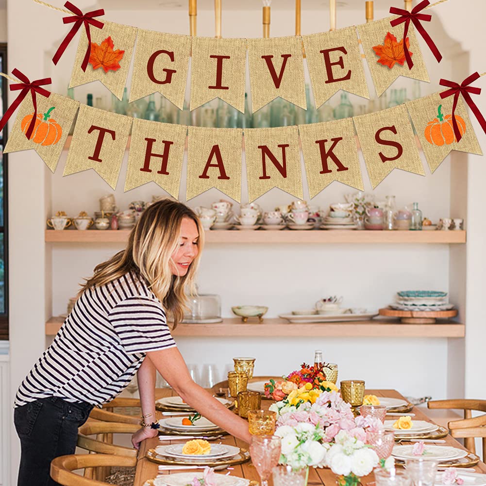 Give Thanks Burlap Banners Thanksgiving Decorations | Rustic Thanksgiving Turkey Pumpkin Burlap Garland | Thanksgiving Day Party Supplies - 2 Strings, NO DIY Fireplace Mantle Home Decoration