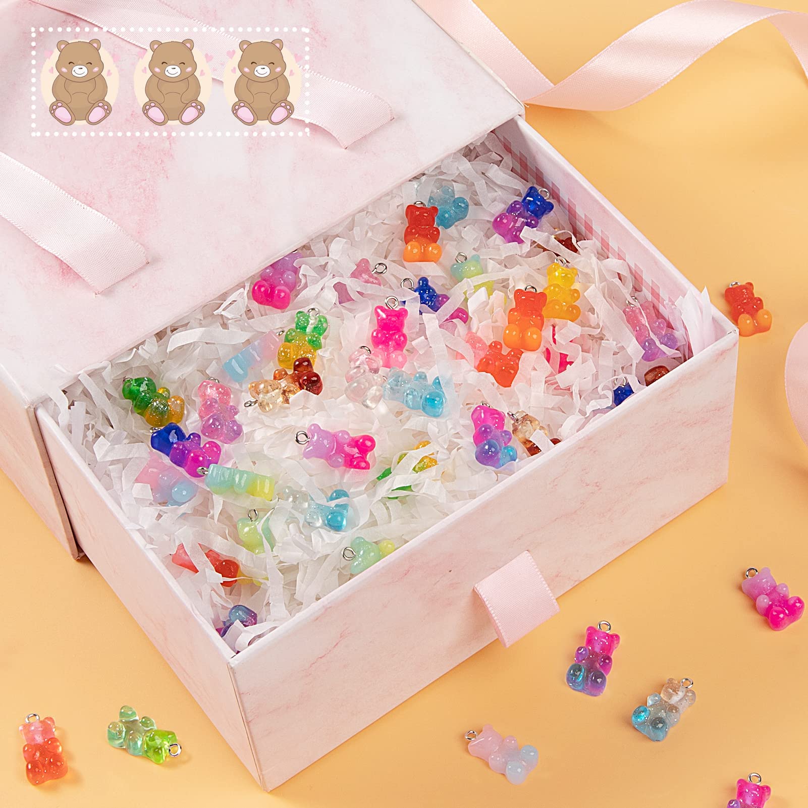 60pcs Gradient 3D Gummy DIY Bear Charms- Resin Bear Shaped Clay Pendants in 15 Colors Earring Bracelet Nacklace DIY Jewelry Making Pendants Nail Art Accessory for Adults DIY Handmade Crafting Gifts