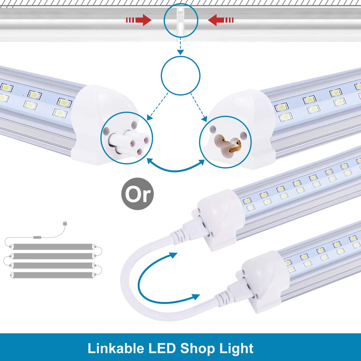 8FT LED Shop Light Fixture, T8 Integrated Tube Light Fixture, 72W, 8640LM, 6000K, High Output, Brighter White, 8 foot Linkable LED Tube Light for Garage, Warehouse (4-Pack)