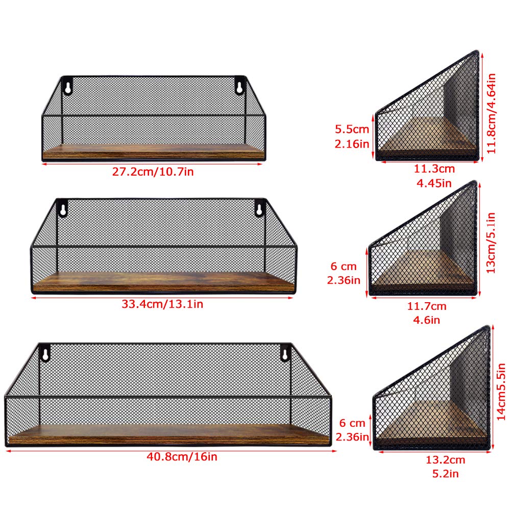 Schliersee Floating Shelves Wall Mounted Mesh Storage Shelf Set for Bathroom, Bedroom, Kitchen, Living Room, Office, Set of 3 Pack