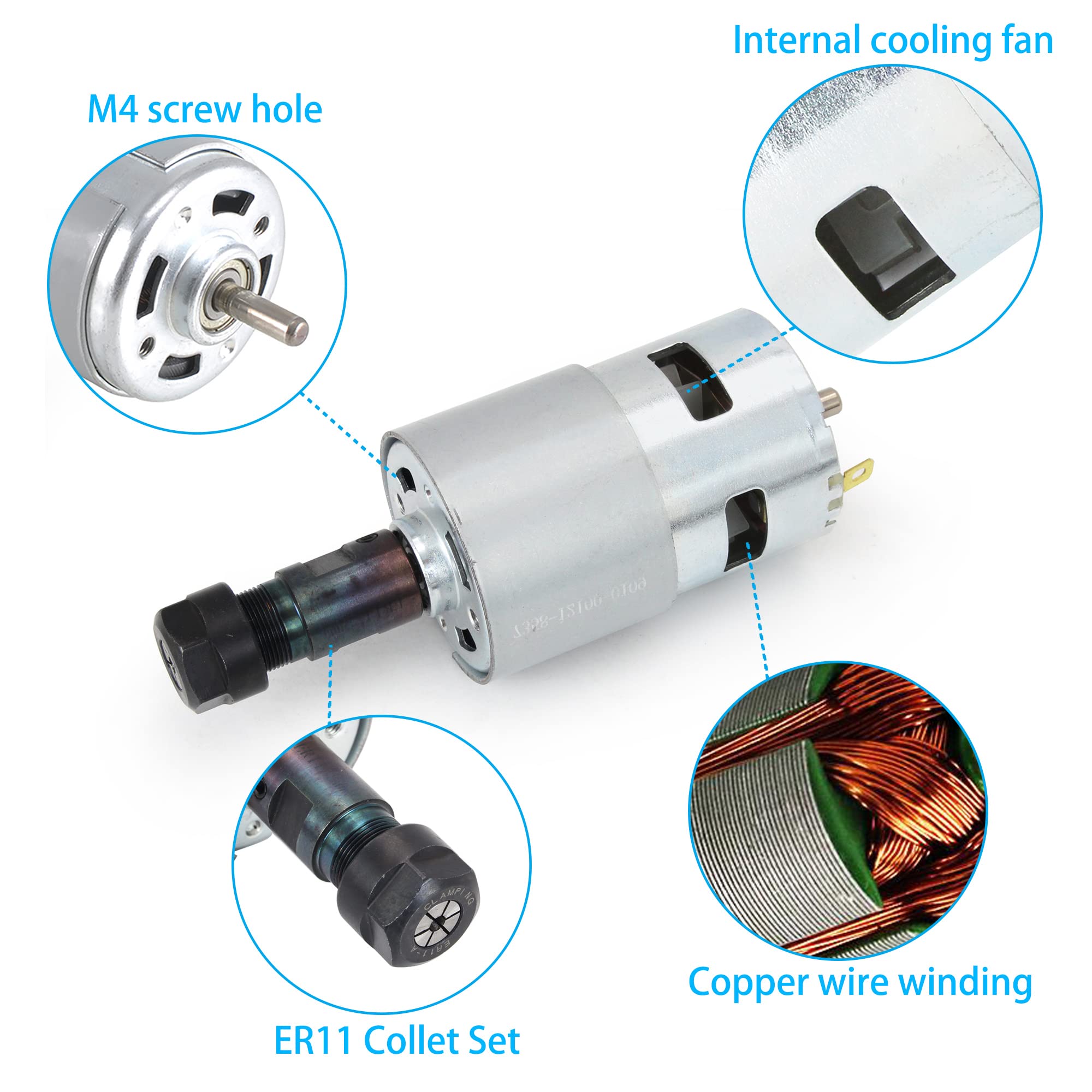 RATTMMOTOR DC Motor CNC 775 Spindle Motor 100W 12-24VDC 20000RMP + ER11 Collet for DIY Mini CNC Router 3018 3018Pro 3018Pro-Max 3018Pro-N 1610 1610Pro Engraving Router Milling Machine