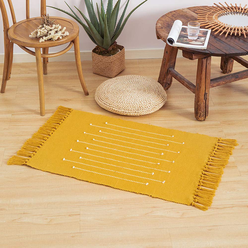 Wolala Home Bohemian Geometric Mustard Rug Hand Woven Cotton Rugs Entry Way Rug Rag Rug with Tassels and Non-Slip Mats Modern Floor Mat for Door Porch Kitchen 2x3 Feet,Machine Washable Yellow