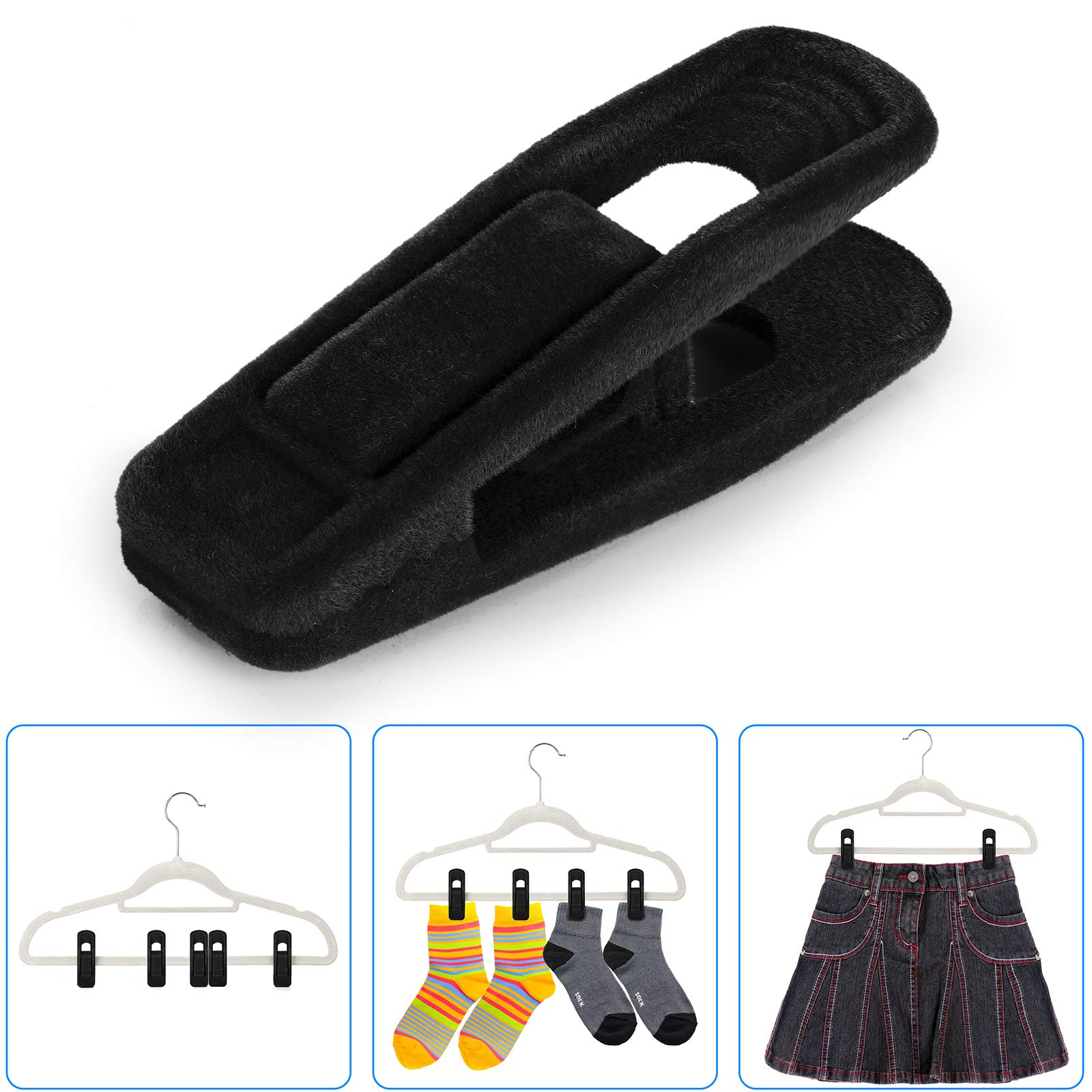 Tinfol 50pc Velvet Hangers Clips, Black Strong Finger Flocked Clips, Large Opening Clip Clothes Hanger Clip, Pants Hangers Clips for Thin Clothes Hangers