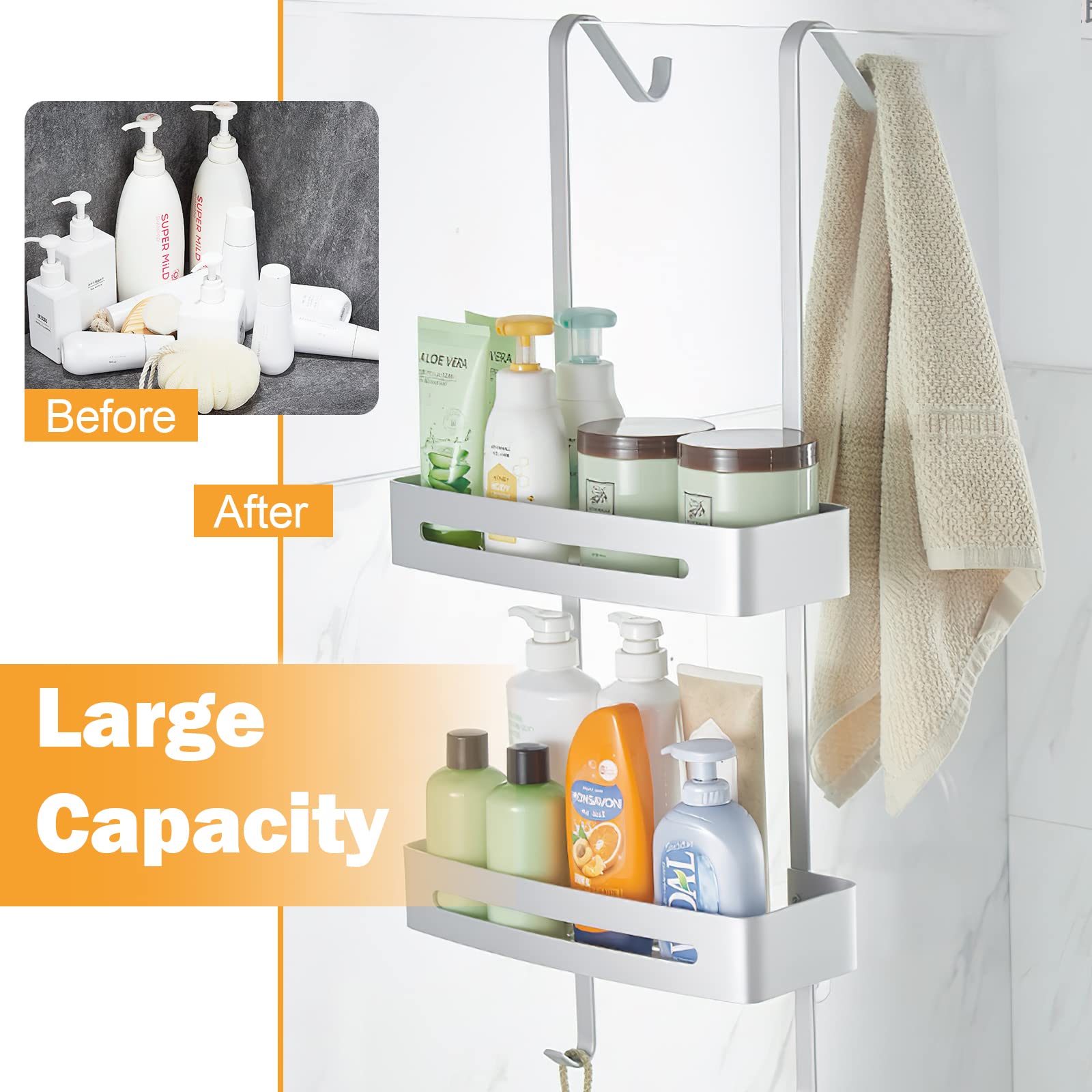 UIFER Shower Caddy Over The Door, Rustproof Aluminum Shower Caddy, Shower Door Storage Organizer with a Suction Cup, Hooks and Basket