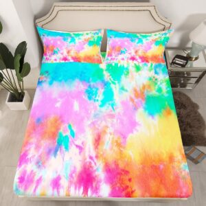 colorful tie dyed fitted sheet kids tie dye bedding sheet set orange yellow pink blue psychedelic spiral swirl batik boho hippie bed cover girls teens room decor with 1 pillow sham(rainbow,twin)