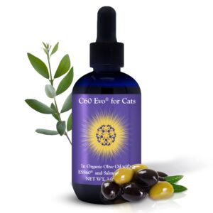 ess60 olive oil for cats - organic extra virgin olive oil, pure c60 ess60 (.8 mg/ml) & natural salmon essence to support your cats’ flexibility, energy, immunity, longevity - 3 oz