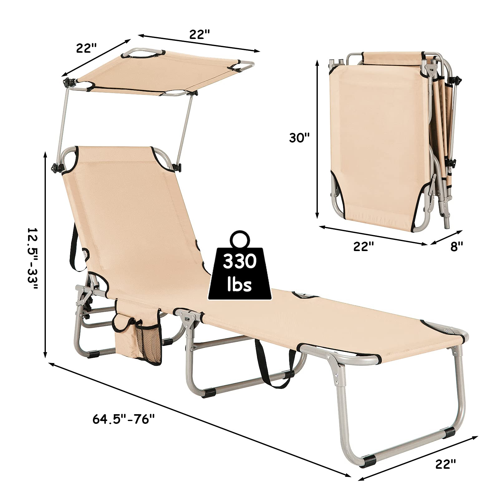 GYMAX Beach Chair with Canopy Shade, Folding Tanning Lounge with Adjustable Backrest, Carry Handle & Side Pocket, Sunbathing Chair for Outside, Patio, Poolside, Lawn (1, Beige)