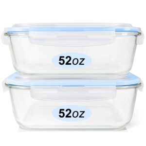 ecoevo glass food storage containers set, large size glass containers with lids, bpa-free locking lids, 100% leak proof glass meal prep containers, freezer to oven safe (2 pack of 52oz)