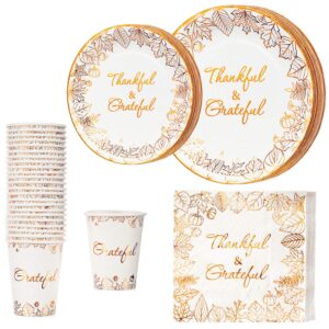 crisky 24 guests 96 pcs thanksgiving disposable napkins plates cups set for autumn thanksgiving dinner party decorations, thankful and grateful in orange foil