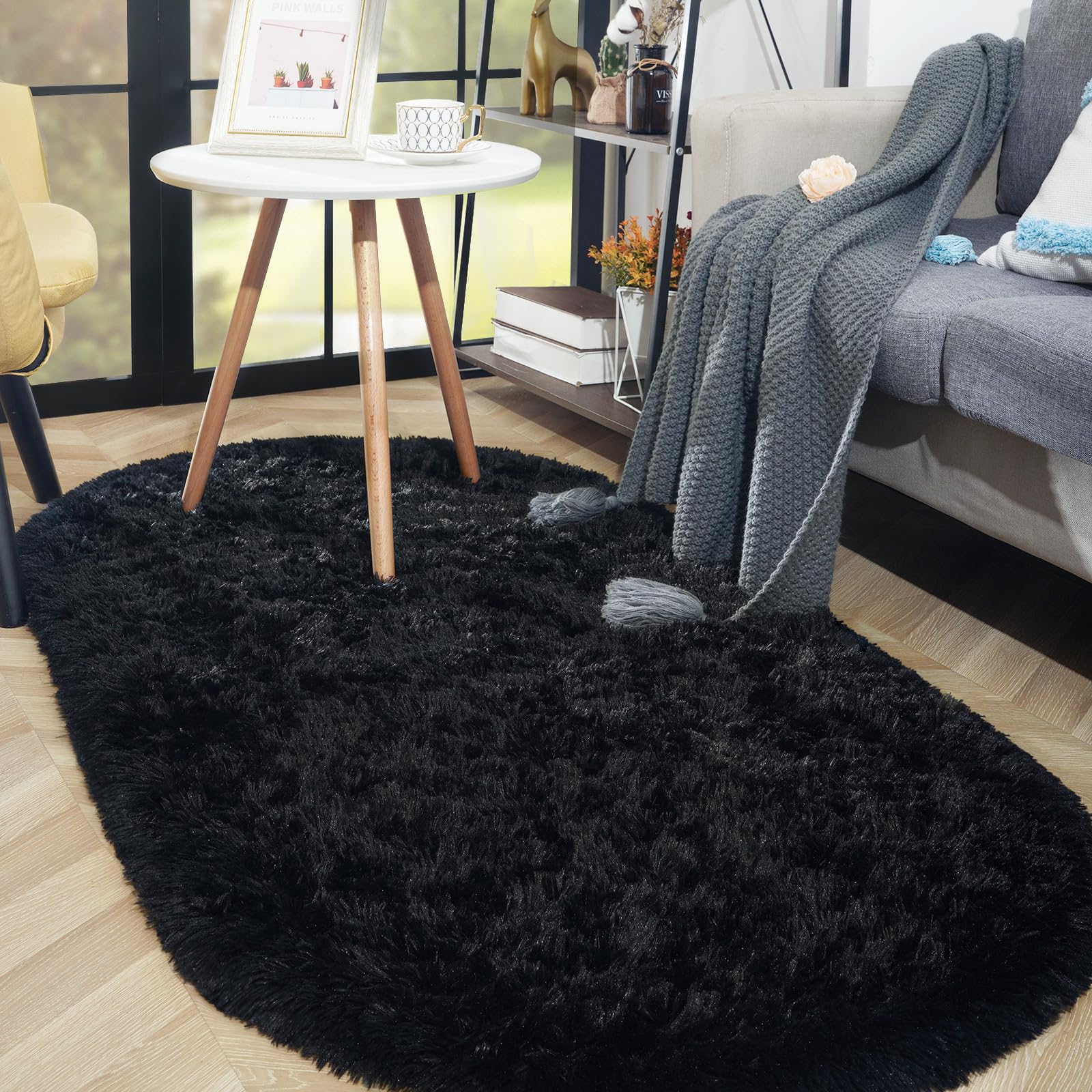 ISEAU Oval Fluffy Rug Carpets, Modern Plush Shaggy Area Rug for Kids Bedroom Extra Comfy Cute Nursery Rug Bedside Rug for Boys Girls Room Home Decor Mats, 2.6 x 5.3ft, Black