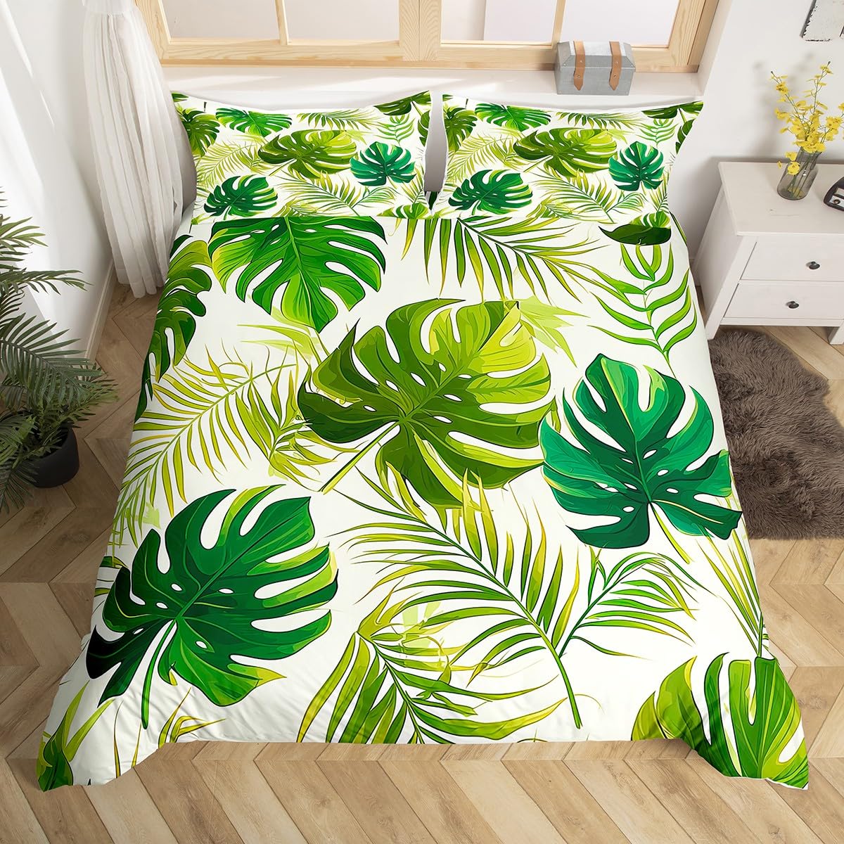 Erosebridal Botanical Leaves Comforter Cover Tropical Bedding Tree Duvet Cover Set Queen Size Green Palm Leaves Bedclothes Jungle Branches Leaf Duvet Cover+ 2 Pillow Shams for Kids Adult Room Decor