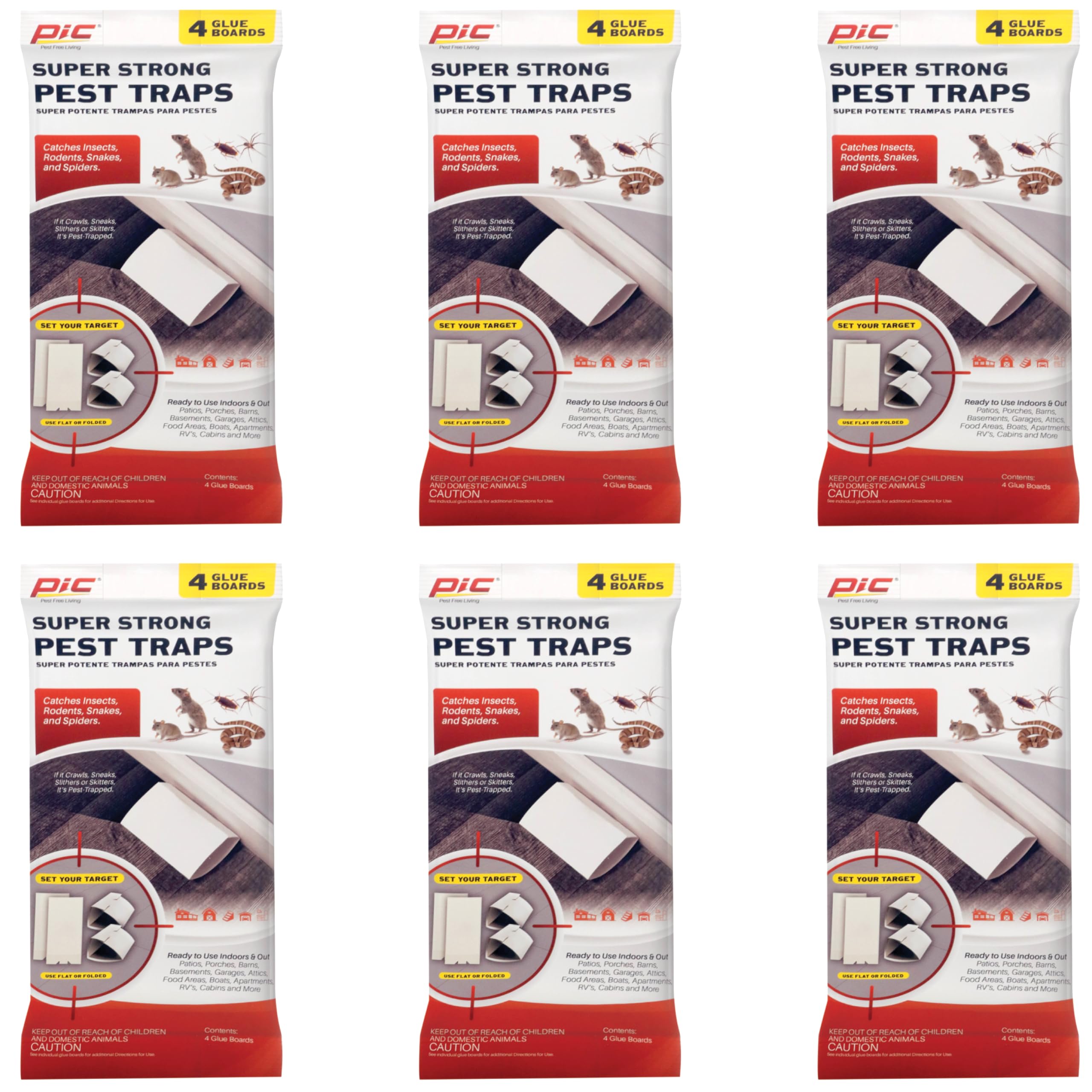 PIC GPT-4 Glue Pest Trap for Spider and Snake, 6 Pack (24 Traps Total)