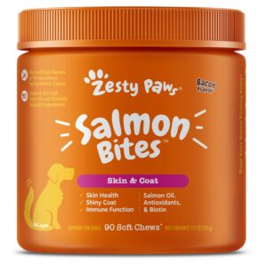 zesty paws salmon bites for dogs - omega 3 fish oil for dogs chews - dog allergy relief chews - fish oil for dogs joints - itch relief for dogs - dog supplement for arthritis - 90ct - bacon flavor