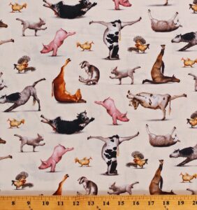 cotton farm animals doing yoga stretching pigs cows chickens barnyard yoga is for everyone cotton fabric print by the yard (d669.44)