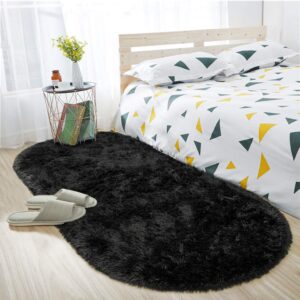 ISEAU Oval Fluffy Rug Carpets, Modern Plush Shaggy Area Rug for Kids Bedroom Extra Comfy Cute Nursery Rug Bedside Rug for Boys Girls Room Home Decor Mats, 2.6 x 5.3ft, Black