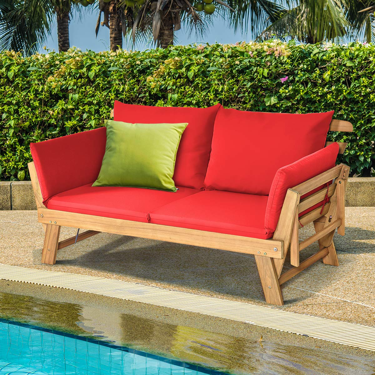 Tangkula Acacia Wood Patio Convertible Couch Sofa Bed with Adjustable Armrest, Outdoor Daybed with Cushion & Pillow, Folding Chaise Lounge Bench Ideal for Porch Courtyard Poolside (Red)