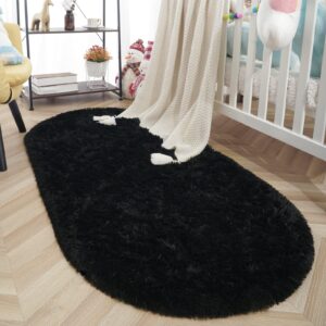 ISEAU Oval Fluffy Rug Carpets, Modern Plush Shaggy Area Rug for Kids Bedroom Extra Comfy Cute Nursery Rug Bedside Rug for Boys Girls Room Home Decor Mats, 2.6 x 5.3ft, Black