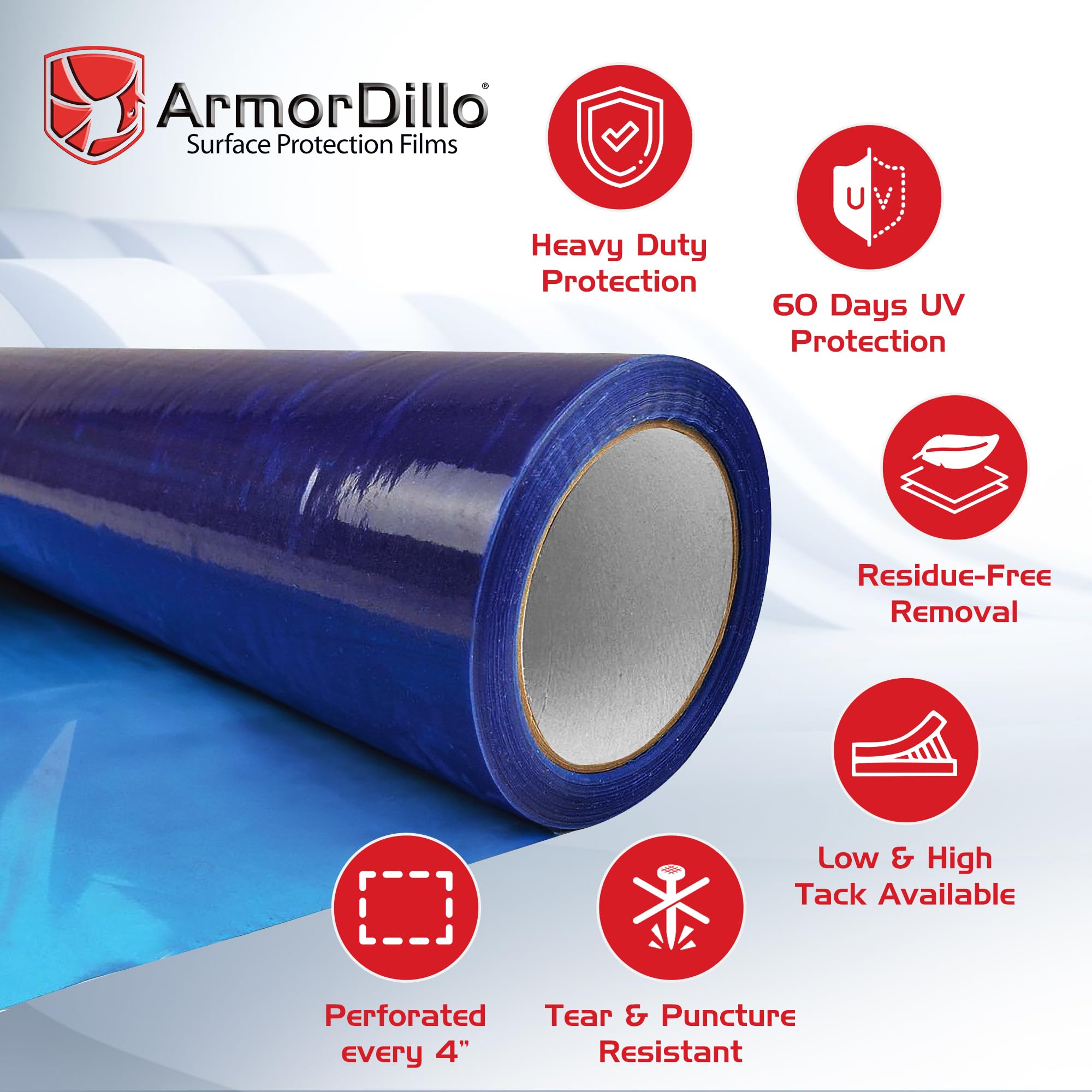 ArmorDillo Vent Film Duct Masking Tape - Temporary Register Sealing Tape for Air Ducts, Vents & HVAC - Blue Self-Adhesive Protection Film, High Tear & Puncture Resistance, UV Protection -8” x 185